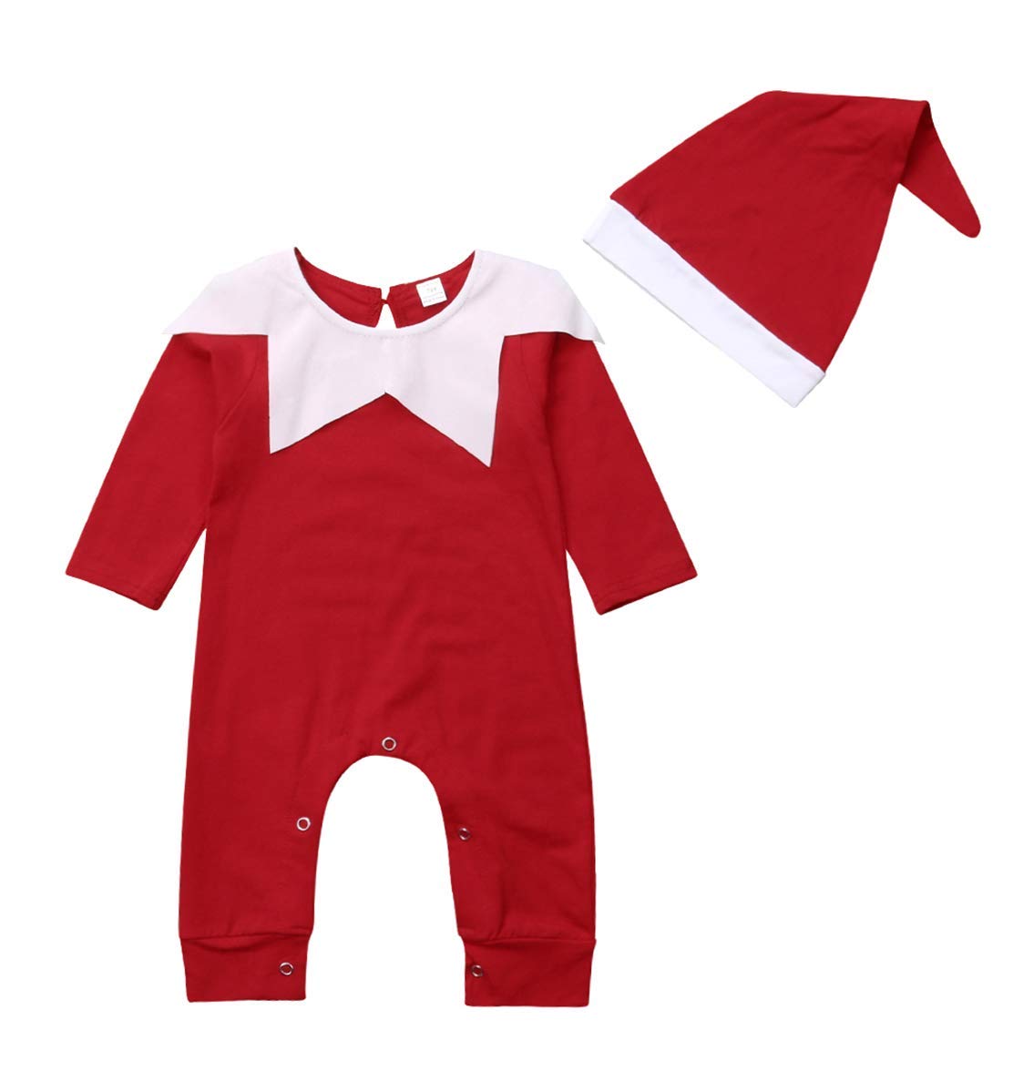 unniful Newborn Baby's Xmas Long Sleeve Romper+Hat Chrismas Santa Claus Dressed Set Onesies Jumpsuit 2pcs … (Red, 90/12-18m)