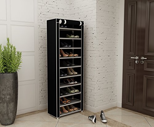 Homebi 10-Tier Shoe Rack 30 Pairs Shoe Tower Closet Shoes Storage Cabinet Portable Boot Organizer with Dustproof Non-Woven Fabric Cover and 10 Durable Shelves (Black) (Black)