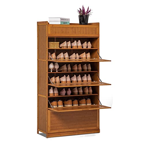 MoNiBloom Bamboo 9-Tier Shoe Organizer Modern Cabinet with Pull-Down Door 36-Pair Heels Boots Freestanding, Entryway, Brown