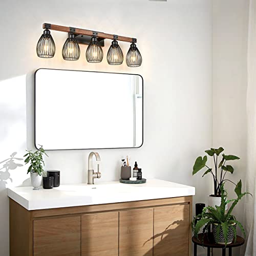 MZMHD 5-Light Farmhouse Bathroom Light Fixtures,Rustic Wood Cage Vanity Lights,Industrial Black Wall Sconce Lighting Over Mirror,Hallway,Bedroom
