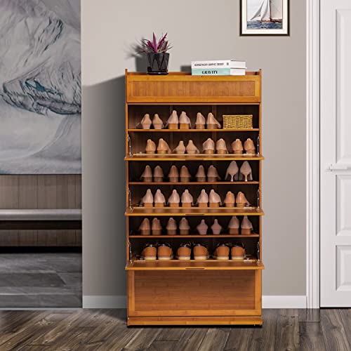 MoNiBloom Bamboo 9-Tier Shoe Organizer Modern Cabinet with Pull-Down Door 36-Pair Heels Boots Freestanding, Entryway, Brown