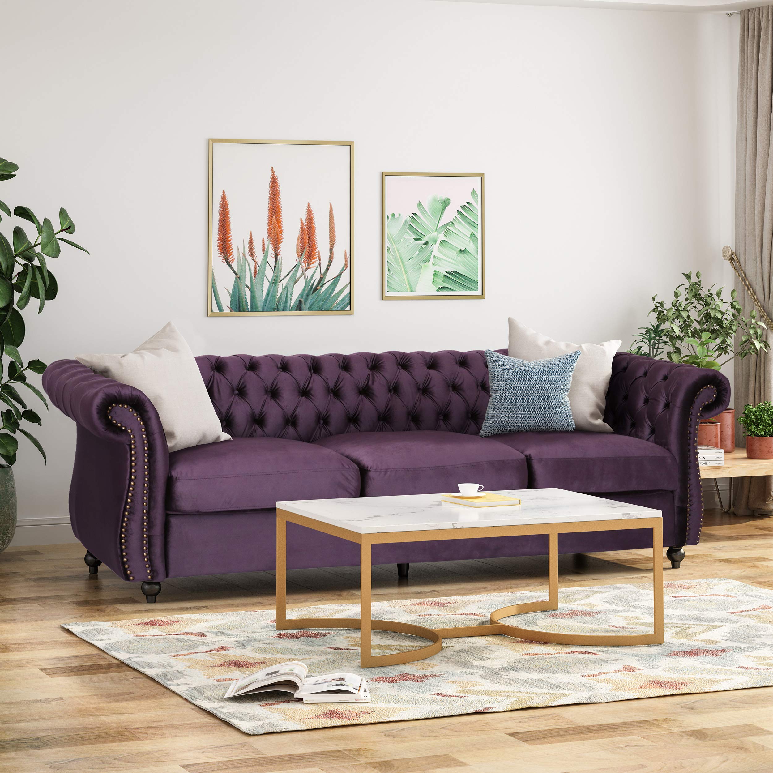 Great Deal Furniture GDFStudio Tufted Jewel Toned Velvet Sofa with Scroll Arms, BlackBerry