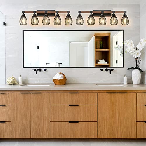 MZMHD 5-Light Farmhouse Bathroom Light Fixtures,Rustic Wood Cage Vanity Lights,Industrial Black Wall Sconce Lighting Over Mirror,Hallway,Bedroom