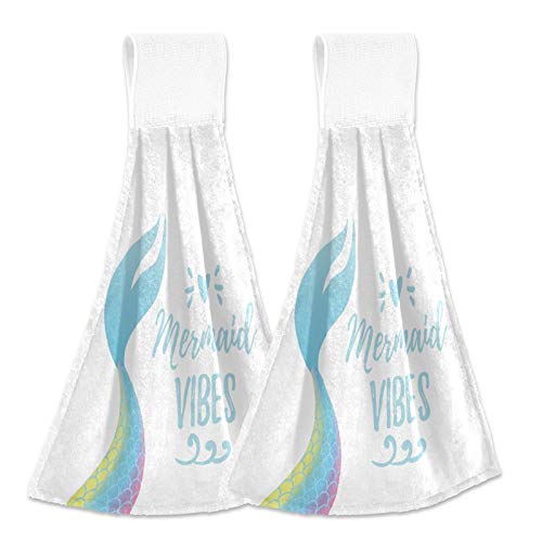 Alaza 2 Pcs Kitchen Towel, Cartoon Style Cute Mermaid Tail Absorbent Towel Hanging Towel Hand Towel