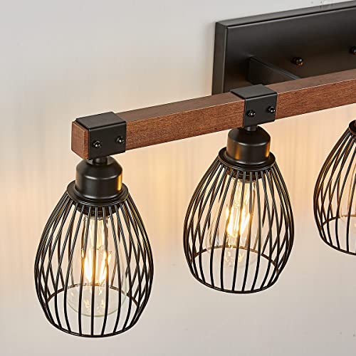 MZMHD 5-Light Farmhouse Bathroom Light Fixtures,Rustic Wood Cage Vanity Lights,Industrial Black Wall Sconce Lighting Over Mirror,Hallway,Bedroom