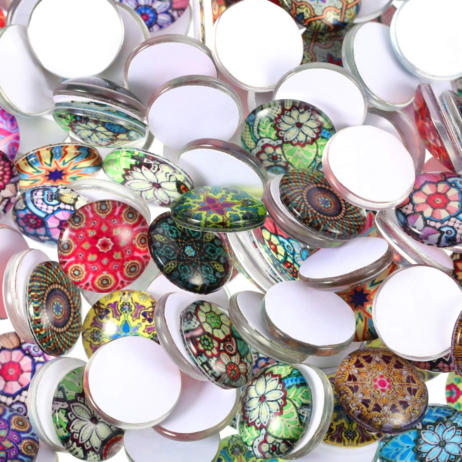 JOVITEC 200 Pieces 12 mm Flower Pattern Glass Beads Mixed Color Flat Marbles Mosaic Printed Half Round Crafts Glass Mosaic for Jewelry Making