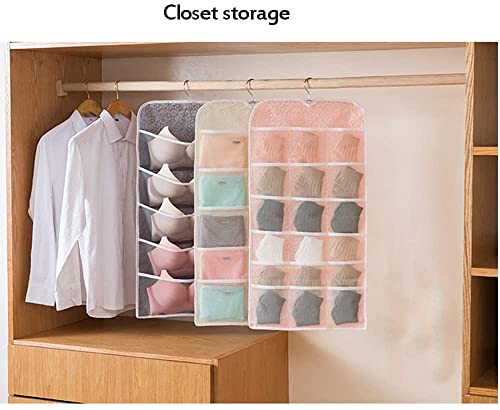 Dual Sided Hanging Closet Mesh Pockets Organizer for Underwear, Stocking, Bra and Sock (2 Packs, Grey: 12+24 Pockets; Pink:12+18 Pockets)