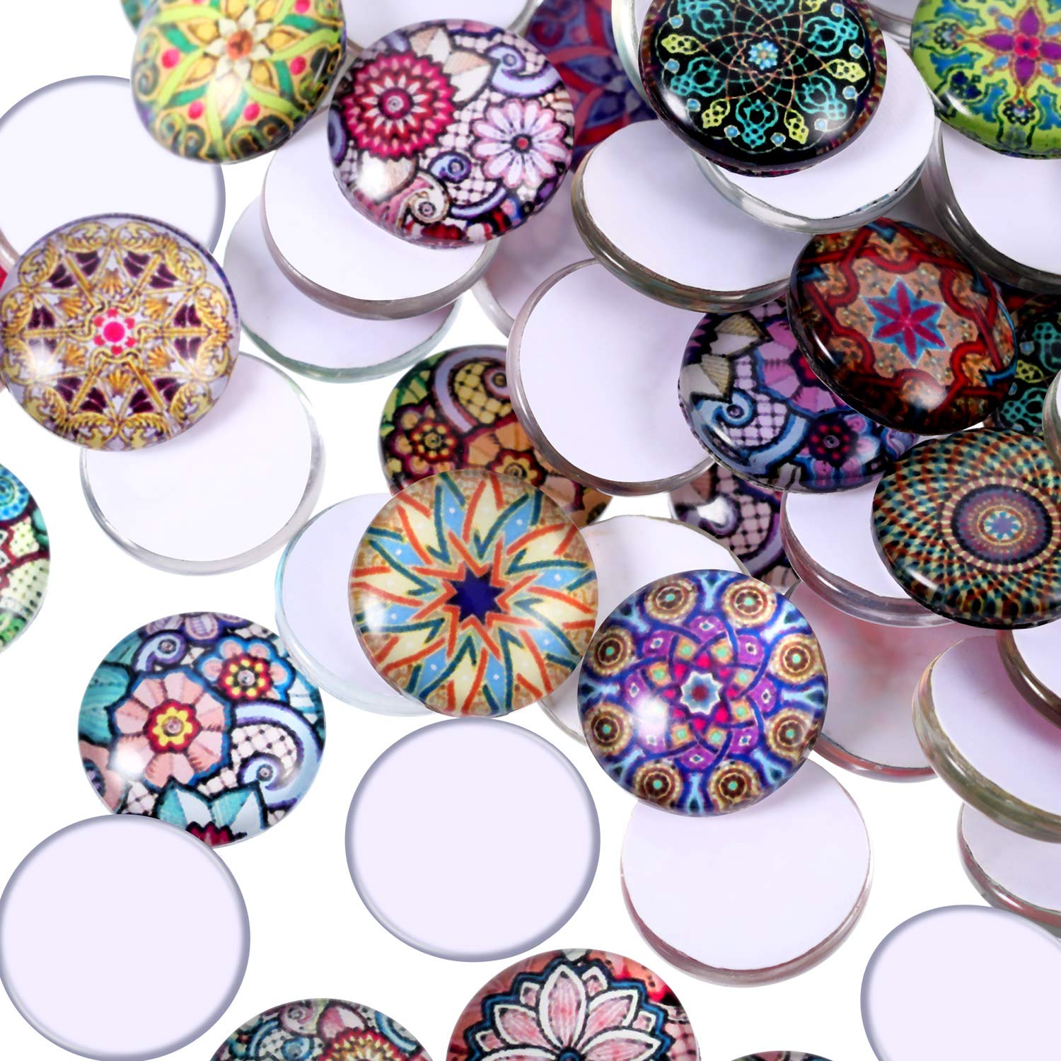 JOVITEC 200 Pieces 12 mm Flower Pattern Glass Beads Mixed Color Flat Marbles Mosaic Printed Half Round Crafts Glass Mosaic for Jewelry Making