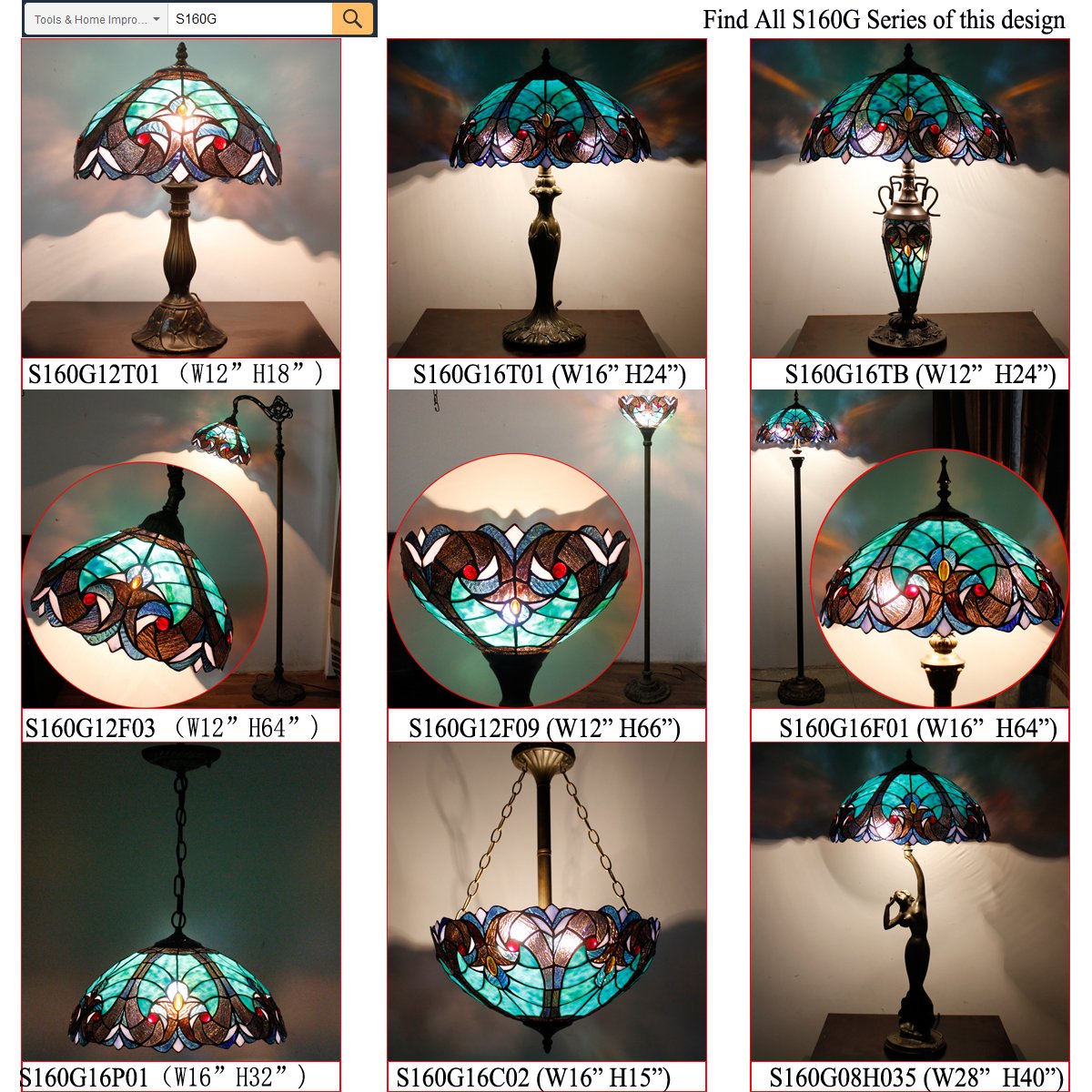 WERFACTORY Tiffany Floor Lamp Green Liaison Stained Glass Light 12X12X66 Inches Pole Torchiere Standing Corner Torch Uplight Decor Bedroom Living Room Home Office S160G Series