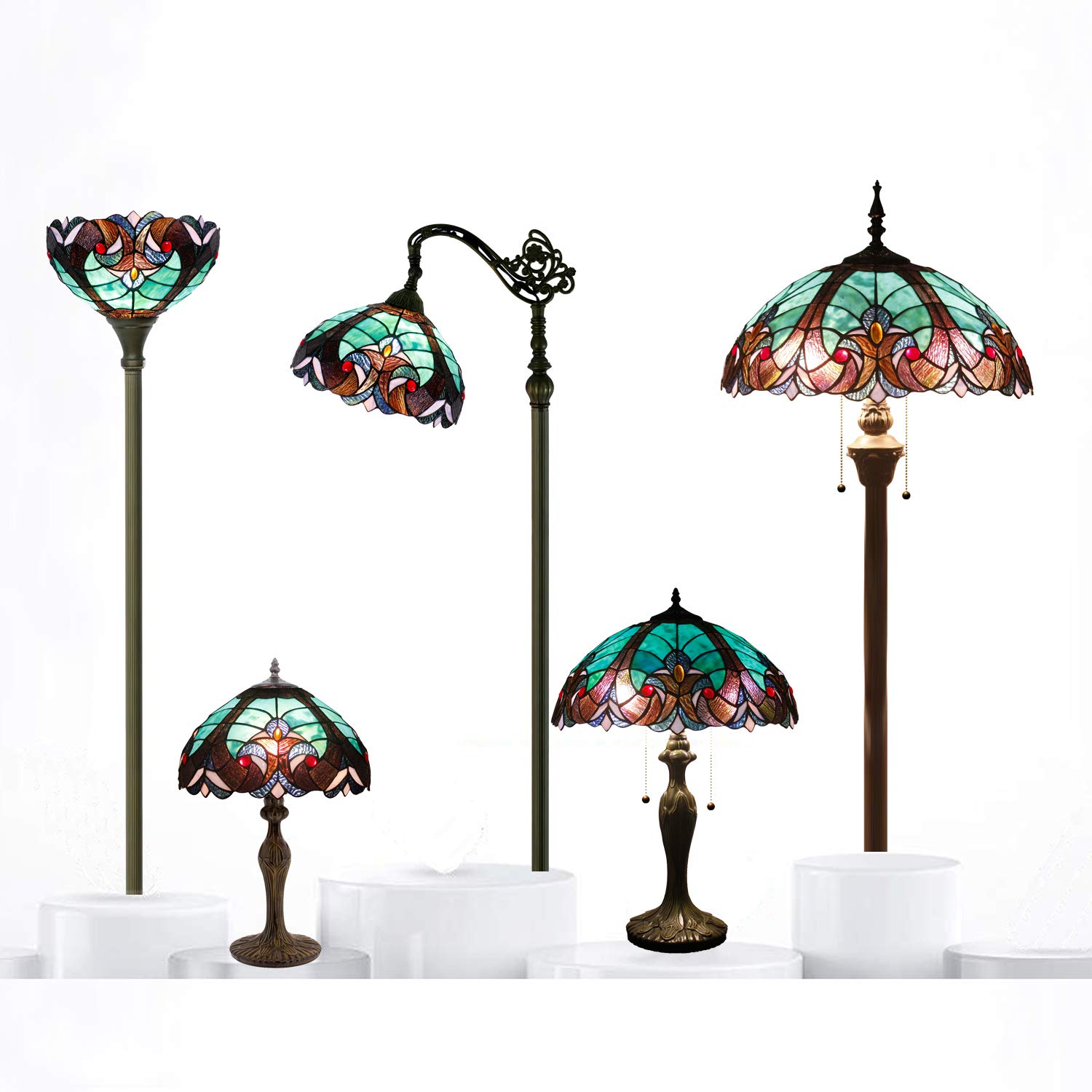 WERFACTORY Tiffany Floor Lamp Green Liaison Stained Glass Light 12X12X66 Inches Pole Torchiere Standing Corner Torch Uplight Decor Bedroom Living Room Home Office S160G Series