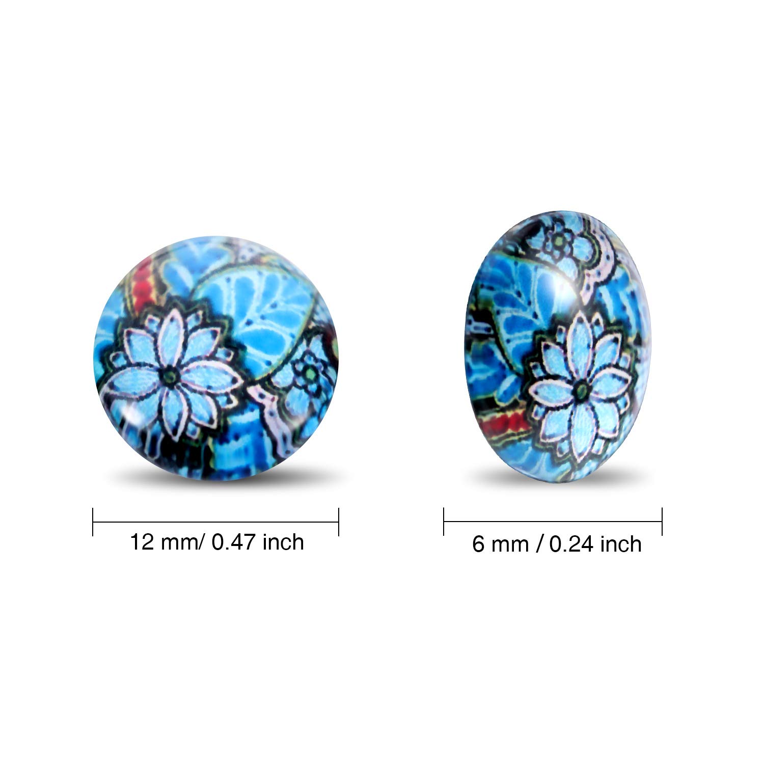 JOVITEC 200 Pieces 12 mm Flower Pattern Glass Beads Mixed Color Flat Marbles Mosaic Printed Half Round Crafts Glass Mosaic for Jewelry Making