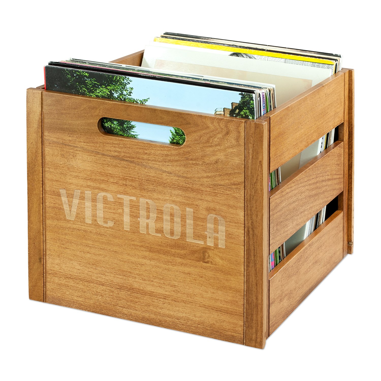 Victrola Wooden Crate - Table Top Album Holder and Organizer for All Records, Holds over 50 Vinyls, Classy Wood Finish, Easy Installation, Elegant Design