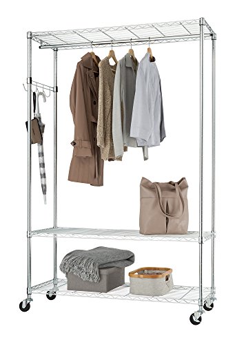 TRINITY EcoStorage Rolling Garment Rack with Shelves Hooks for Clothing Storage for Bedroom, Closet Organization, Entryway, and More, Chrome, 48β W x 18β D x 75.7β H