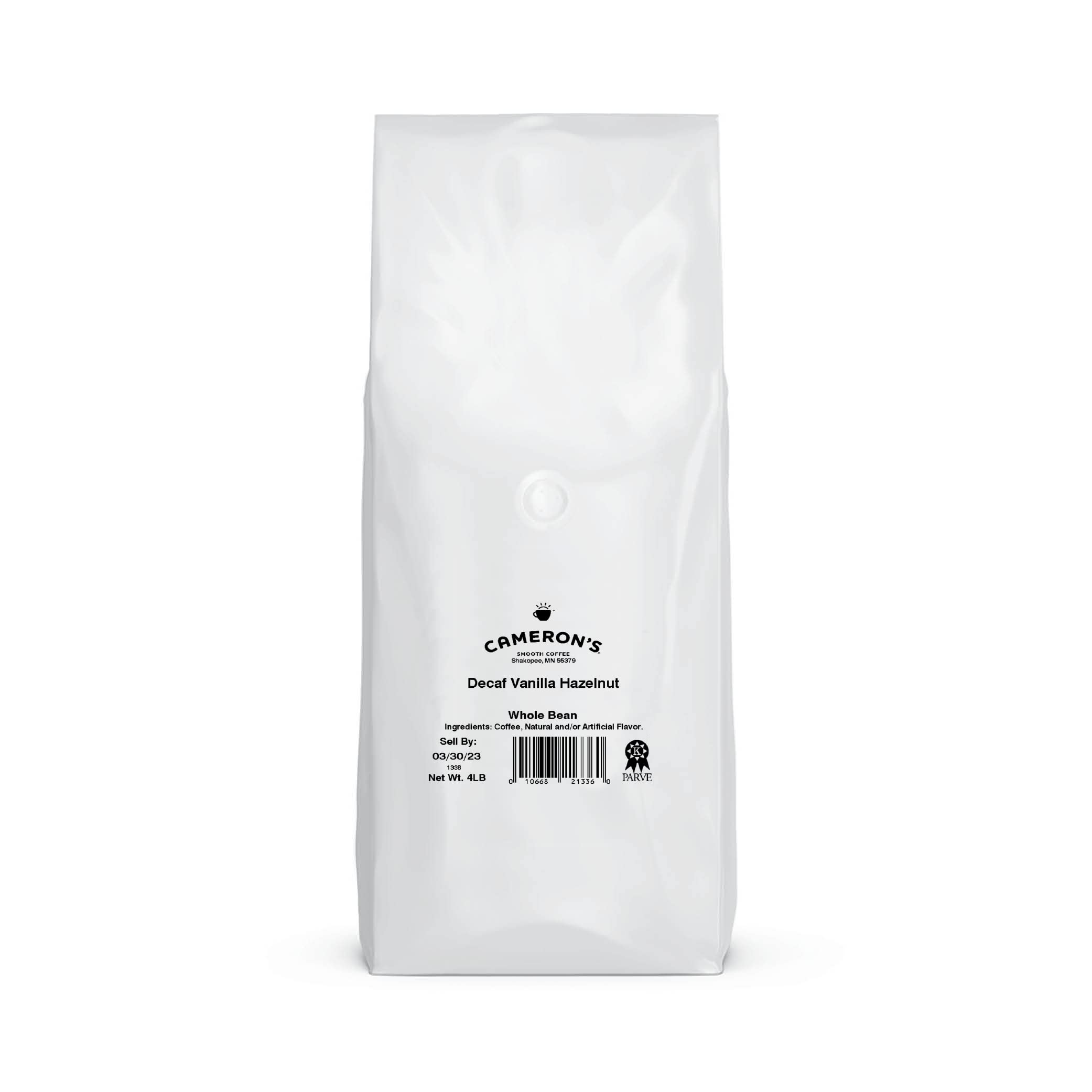 Cameron's Coffee Decaf Vanilla Hazelnut Flavored Whole Bean Coffee, Light Roast, 100% Arabica, Bulk, 4-Pound Bag, (Pack of 1)