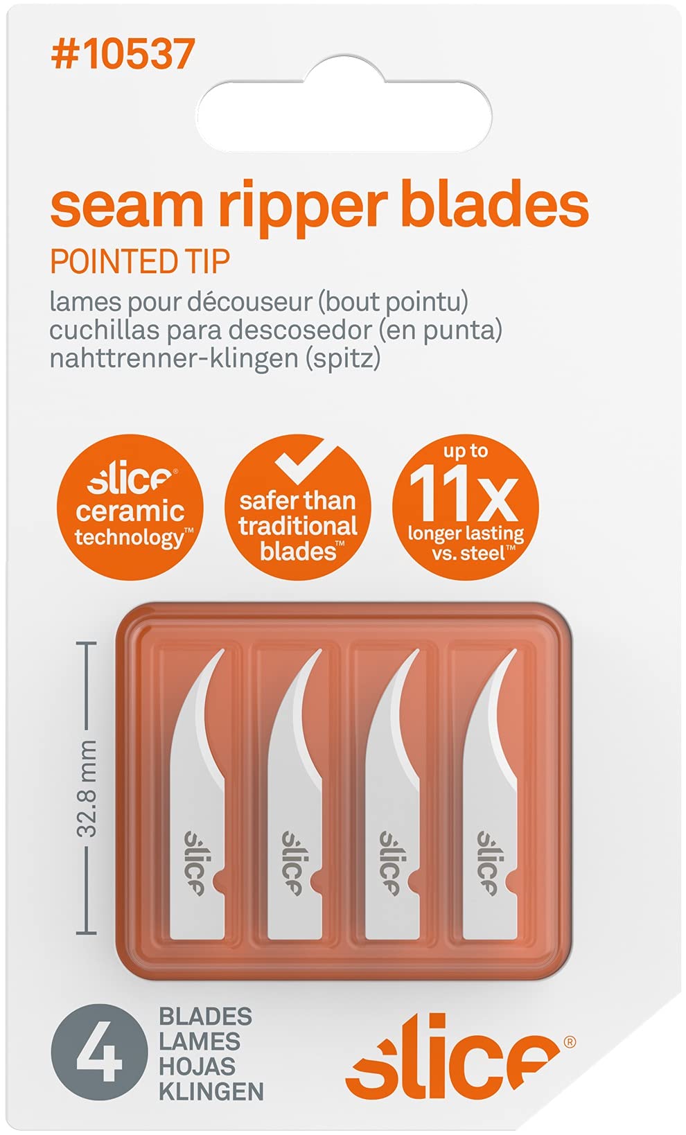 Slice Safety, Never Rusts Finger-Friendly Lasts up to 11x Longer Than Steel, Pointed Tip, Fits in Seam Rippers and Craft Handles, 4 Pack Blades