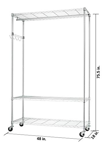 TRINITY EcoStorage Rolling Garment Rack with Shelves Hooks for Clothing Storage for Bedroom, Closet Organization, Entryway, and More, Chrome, 48β W x 18β D x 75.7β H