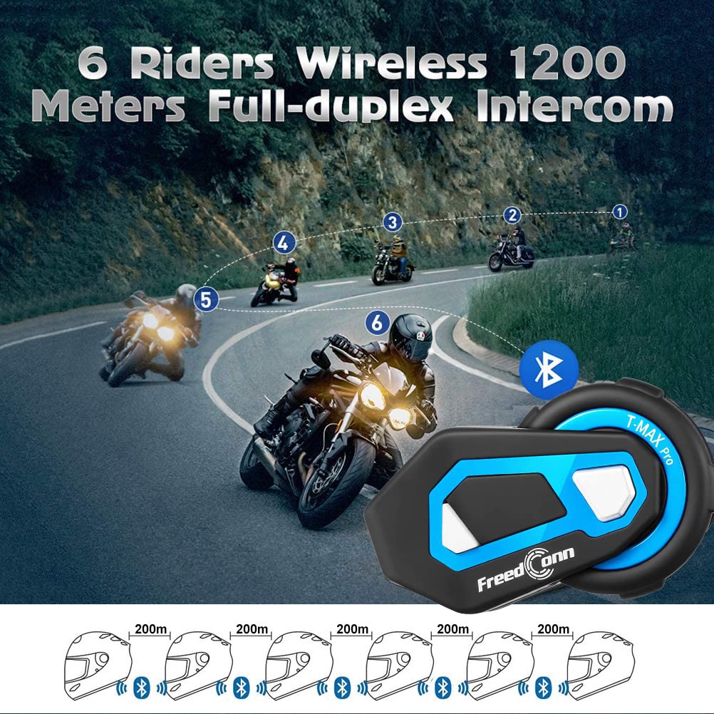 FreedConn T-Max Pro V5.0 Motorcycle Helmet Bluetooth Intercom Headset Communication Systems Kit with DSP/CVC Noise Cancellation, 1200m 6 Riders Group Helmet Intercom with FM Radio for ATV/Dirt Bike