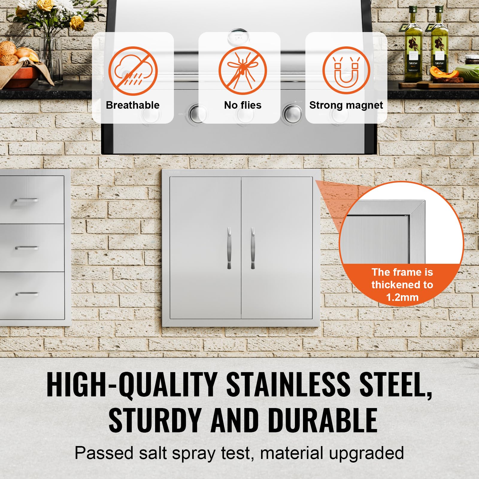 VEVOR BBQ Access Door 24W x 24H Inch, Grill Door Double Door Brushed Stainless Steel, Outdoor Kitchen Doors for BBQ Island Grilling Station