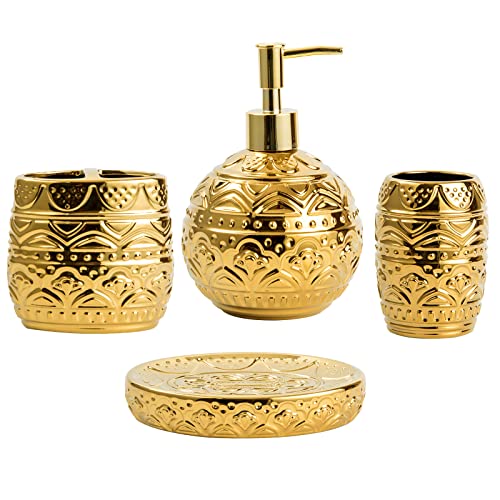 RXLVCKY Gold Bathroom Accessory Set, 5-Piece Ceramic Bathroom Decorations Accessories Sets Includes Lotion Dispenser, Toothbrush Holder Tumbler and Soap Dish