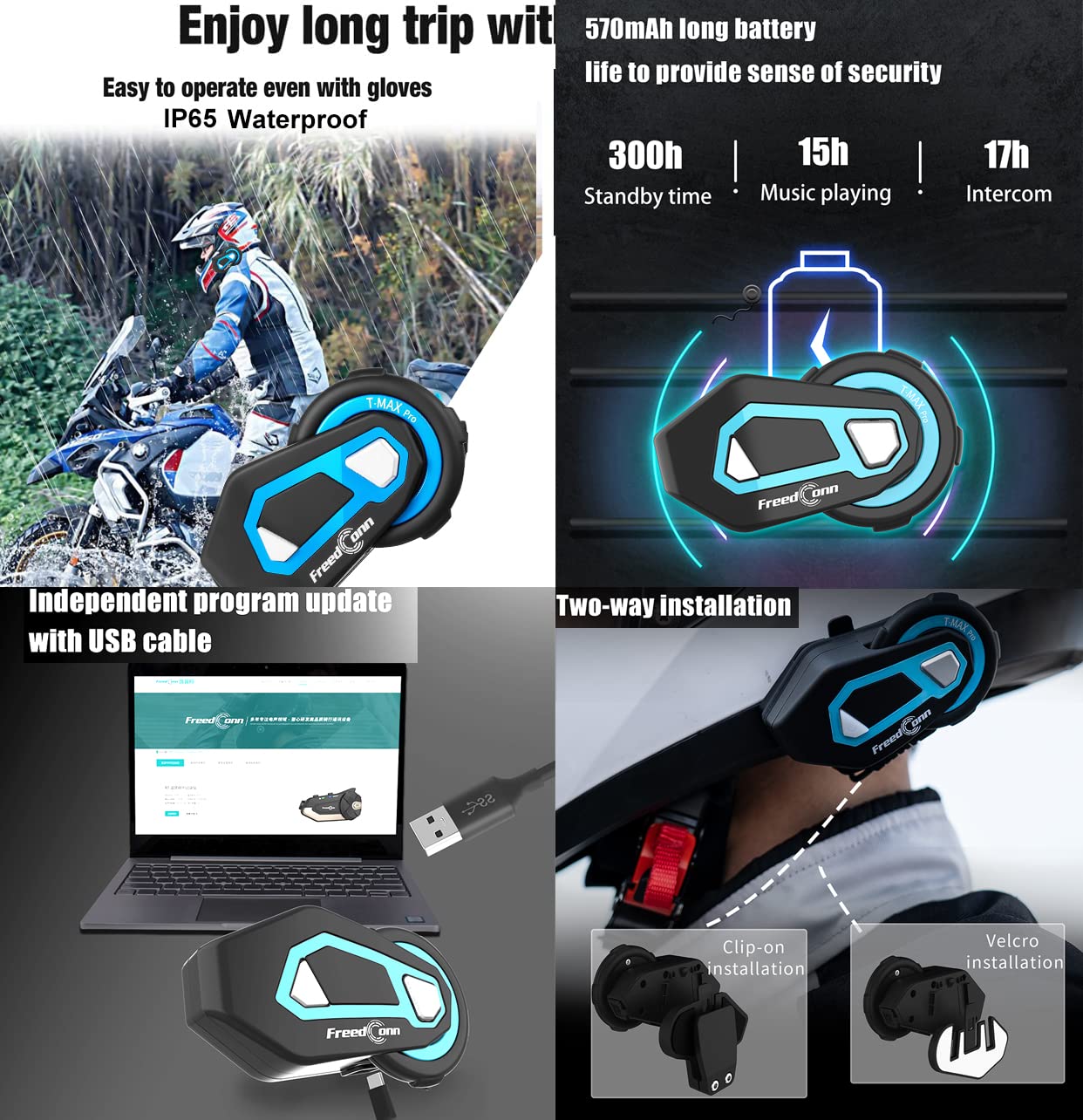 FreedConn T-Max Pro V5.0 Motorcycle Helmet Bluetooth Intercom Headset Communication Systems Kit with DSP/CVC Noise Cancellation, 1200m 6 Riders Group Helmet Intercom with FM Radio for ATV/Dirt Bike
