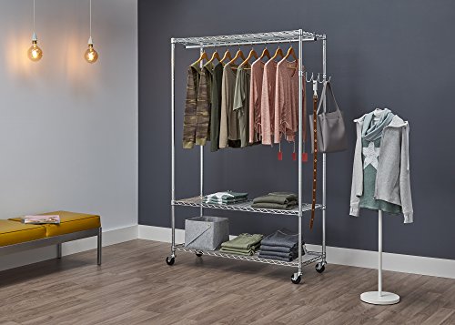 TRINITY EcoStorage Rolling Garment Rack with Shelves Hooks for Clothing Storage for Bedroom, Closet Organization, Entryway, and More, Chrome, 48β W x 18β D x 75.7β H