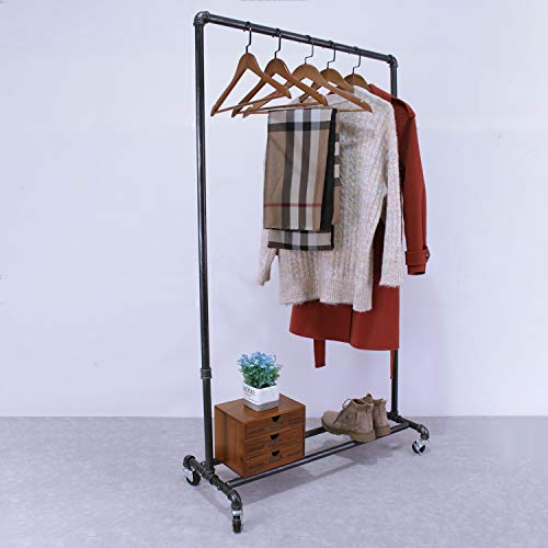 MBQQ Industrial Pipe Clothing Racks on Wheels,35in Length Heavy Duty Garment Racks Commercial Grade,Vintage Rolling Ballet Rack Clothes Display Rack Retail Display,Black Brush Silver