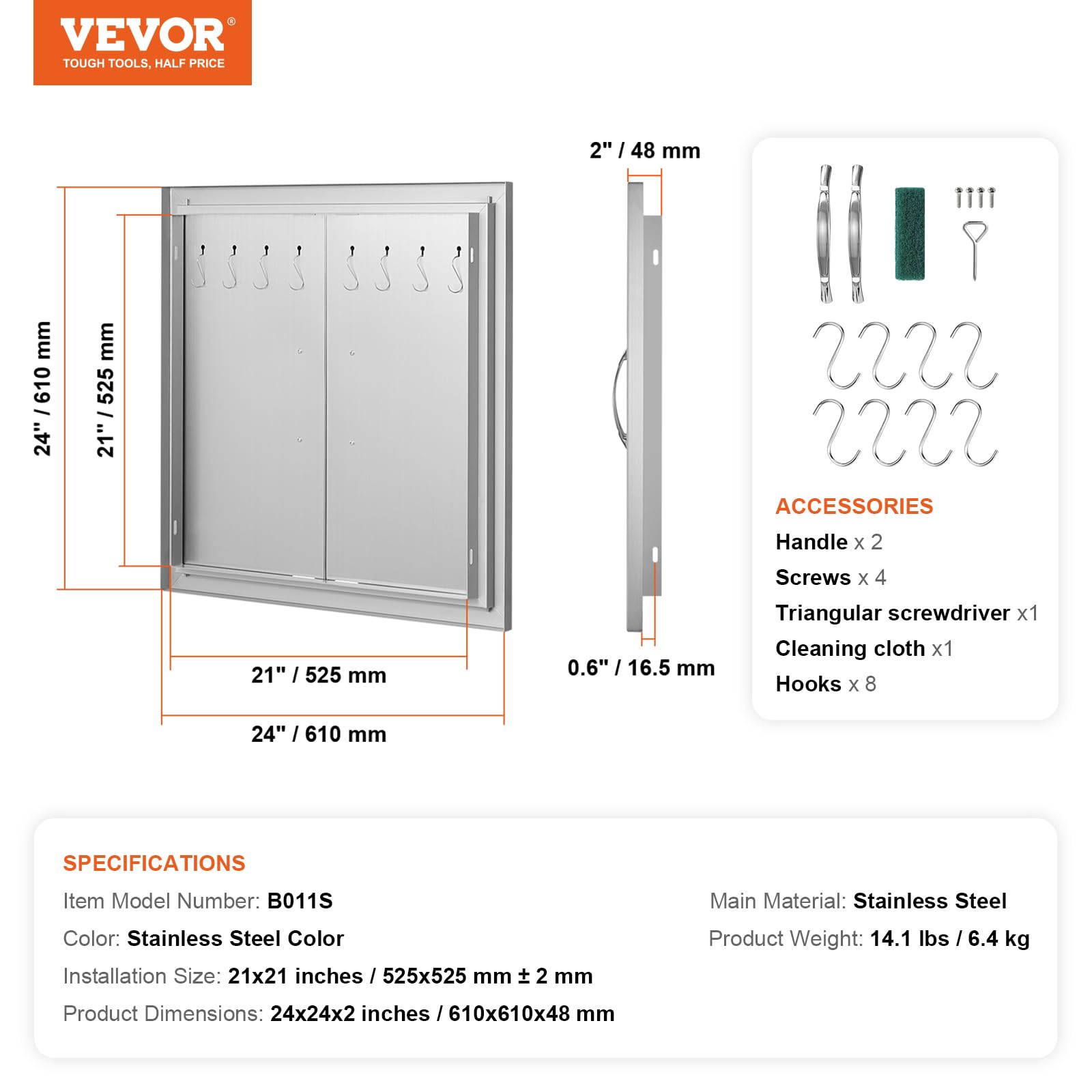 VEVOR BBQ Access Door 24W x 24H Inch, Grill Door Double Door Brushed Stainless Steel, Outdoor Kitchen Doors for BBQ Island Grilling Station