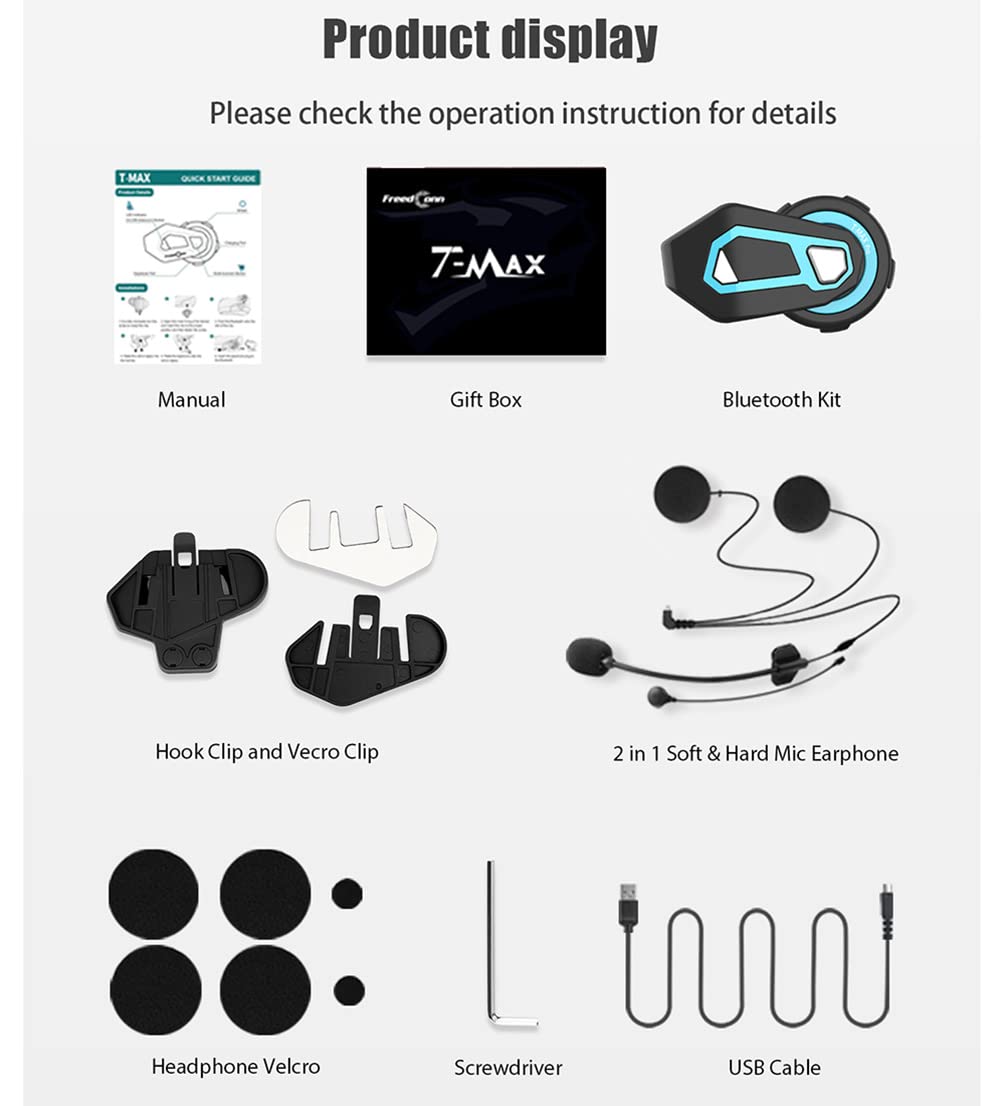 FreedConn T-Max Pro V5.0 Motorcycle Helmet Bluetooth Intercom Headset Communication Systems Kit with DSP/CVC Noise Cancellation, 1200m 6 Riders Group Helmet Intercom with FM Radio for ATV/Dirt Bike