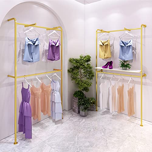 MDEPYCO Modern Simple Square Tube Double Hanging Rods Clothing Rack,Retail Display Wall Mounted Storage Clothes Hanging Shelf,2 Tier Metal Garment Rack (39" L, Gold without Wood)