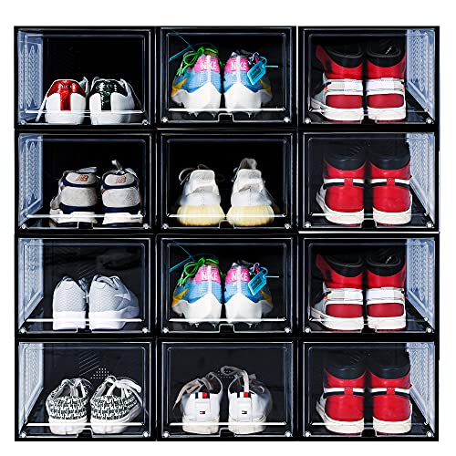 FORTUNE Shoe Storage Boxes Shoe Organizers Closet organizers & storage Shoe Box Stackable Storage Bins Fit for AJ & Jordan Sneakers Up to Size 14, Set of 12 Pack (Black), (YYBlackVC_12PK)