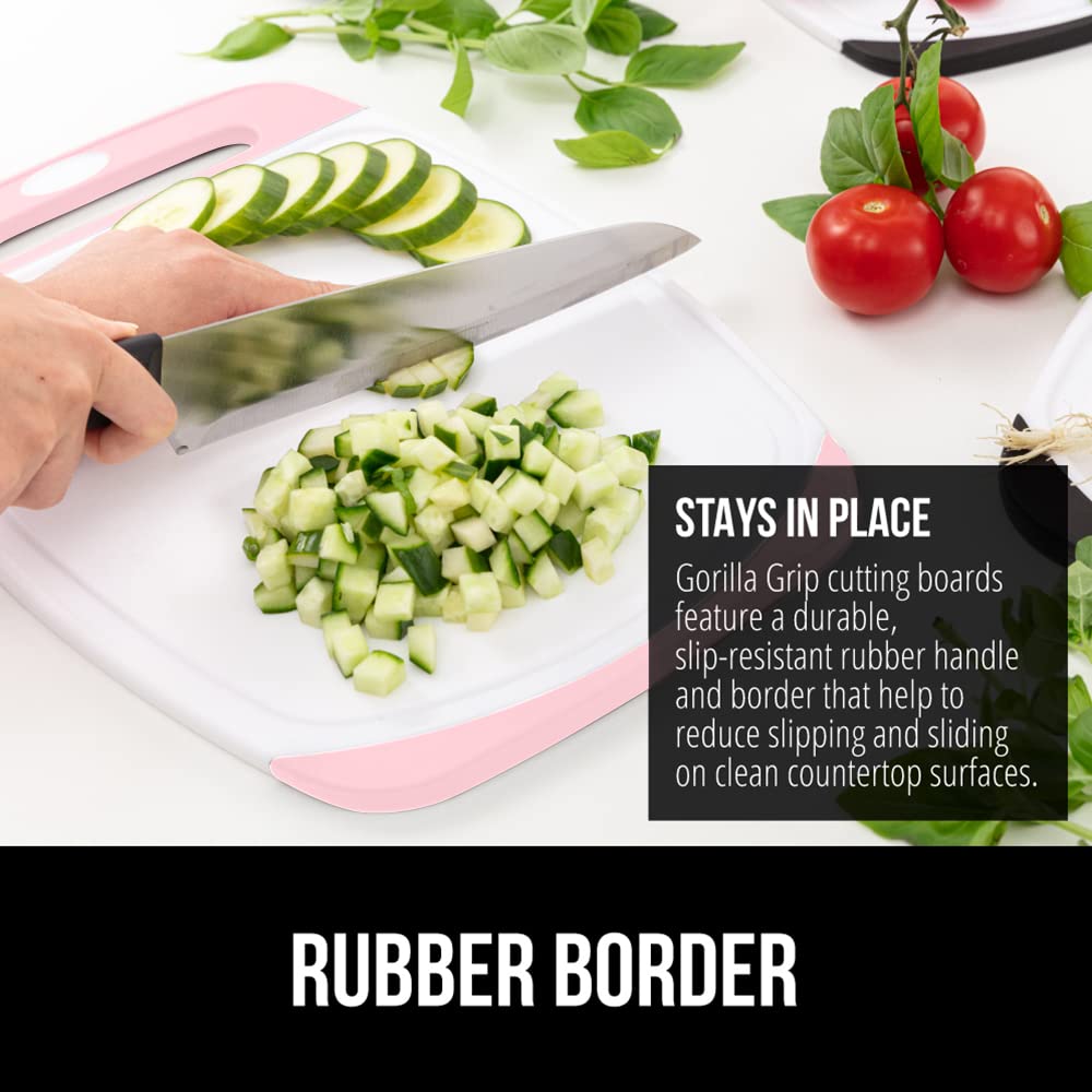 The Original GORILLA GRIP Oversized 100% BPA Free Reversible Durable Kitchen Cutting Board Set of 3, Juice Grooves, Dishwasher Safe, Easy Grip Handle Border, Food Chopping Boards, Cooking, White Pink