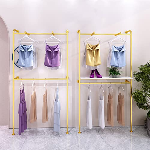 MDEPYCO Modern Simple Square Tube Double Hanging Rods Clothing Rack,Retail Display Wall Mounted Storage Clothes Hanging Shelf,2 Tier Metal Garment Rack (39" L, Gold without Wood)