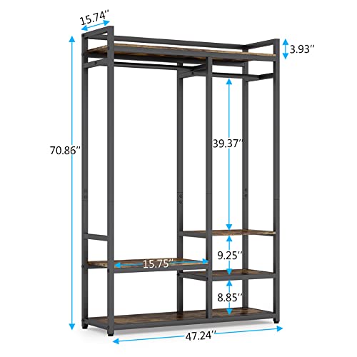 Tribesigns Free-Standing Closet Organizer, Large Double Rod Clothes Garment Rack with Shelves and Tie Rack, Heavy-duty Wardrobe Closet Storage Organizer Clothing Shelving for Bedroom (Rustic Brown)
