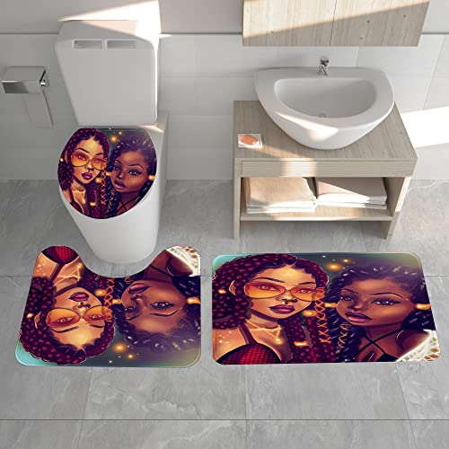 Annkoifu Shower Curtain Set, African Afro Black Girl Bathroom Accessories, 4 Piece Bathroom Decor Sets with Rugs and Waterproof Shower Curtains, 12 Hooks, Abstract