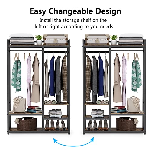 Tribesigns Free-Standing Closet Organizer, Large Double Rod Clothes Garment Rack with Shelves and Tie Rack, Heavy-duty Wardrobe Closet Storage Organizer Clothing Shelving for Bedroom (Rustic Brown)