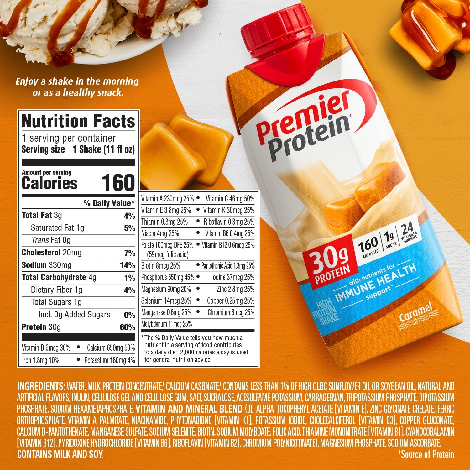 Premier Protein Protein Shake, Caramel, 30g Protein, 1g Sugar, 11 fl oz Pack of 12