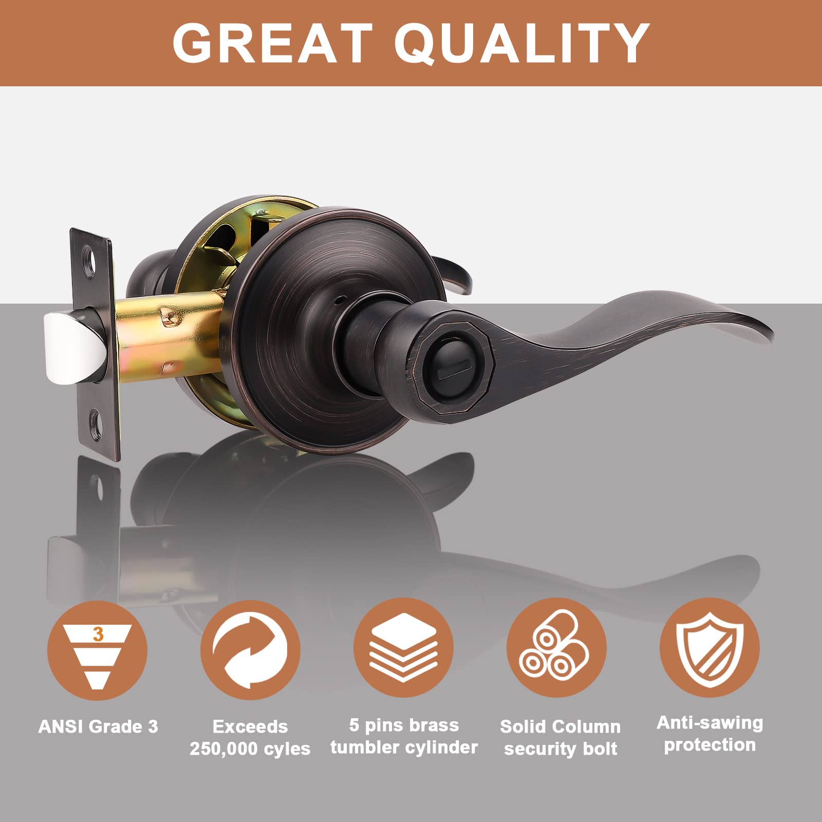 Probrico (5 Pack Privacy Door Lever[Thumb Turn Lock on The Inside],Locking Door Handle Set for Bedroom & Bathroom Doors,Keyless Oil Rubbed Bronze Wave Door Lock, Reversible Right & Left Side Handed