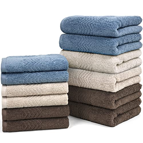Cleanbear Hand Towels and Washcloths Set, 6 Hand Towel and 6 Wash Cloths with 3 Colors for Your Different Daily Needs