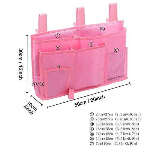 Bedside Caddy Improved With 3 POM Buckles -Hanging Organizer For Phone, Tablet, Accessory&TV Remote - Best For Dorm Room, Bunk Bed, Hospital Bed, Bed Rail, Headboard, Apartment, Bathroom&Travel (Pink)