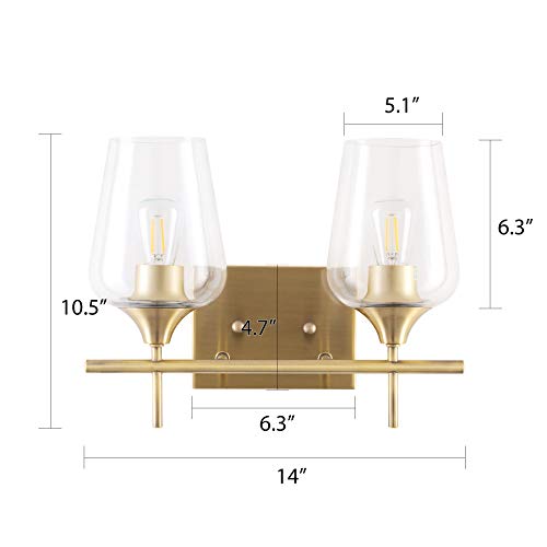 VONLUCE 2-Light Gold Vanity Light Fixtures Over Mirror, Wall Mount Modern Brass Bathroom Sconce with Clear Glass, Midcentury Gold Vanity Lighting for Bathroom, Makeup Dressing Table, Bedroom