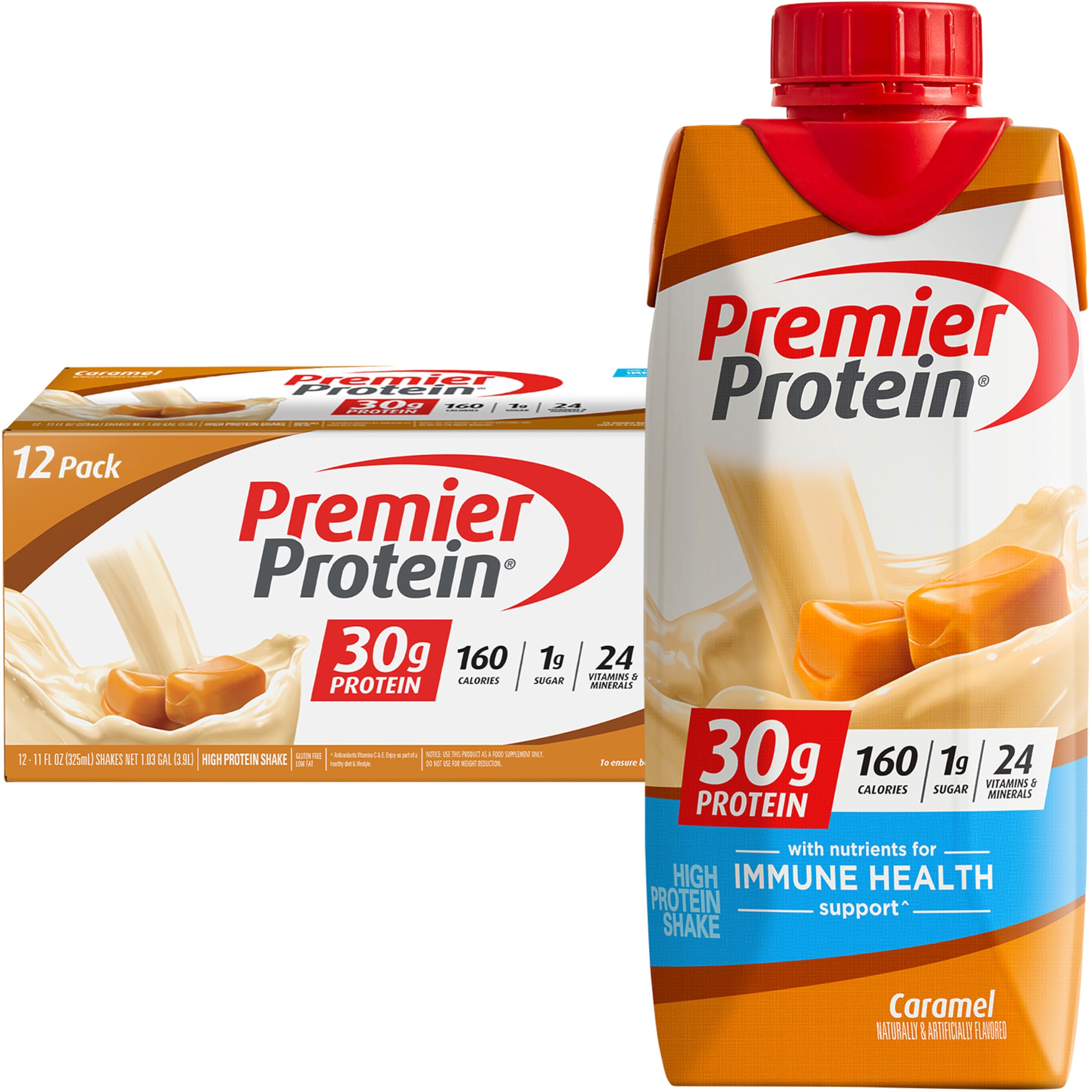 Premier Protein Protein Shake, Caramel, 30g Protein, 1g Sugar, 11 fl oz Pack of 12