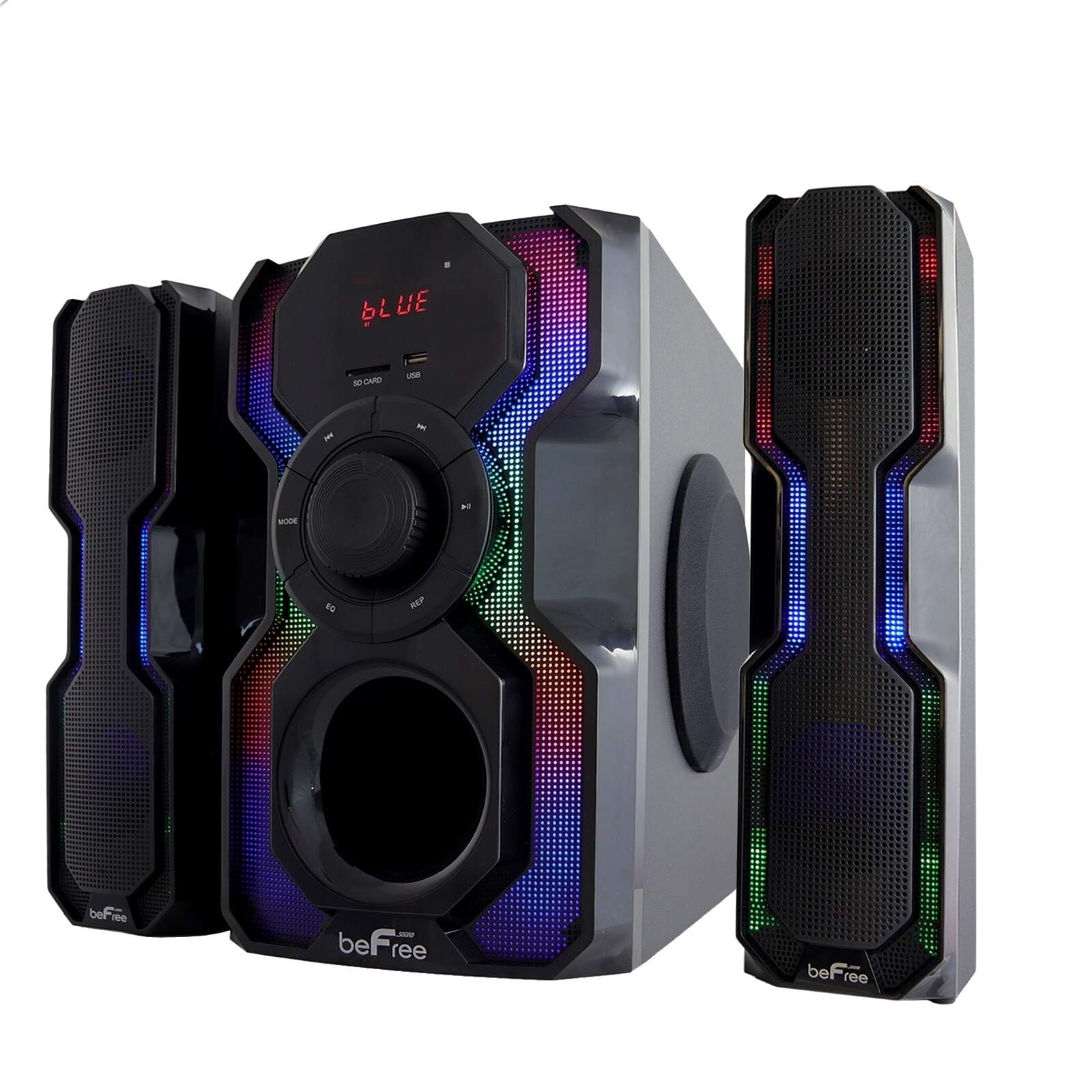 beFree Sound 2.1 Channel Bluetooth Multimedia Wired Speaker Shelf Stereo System with Reactive LED Lights, FM Radio, USB, and SD Inputs