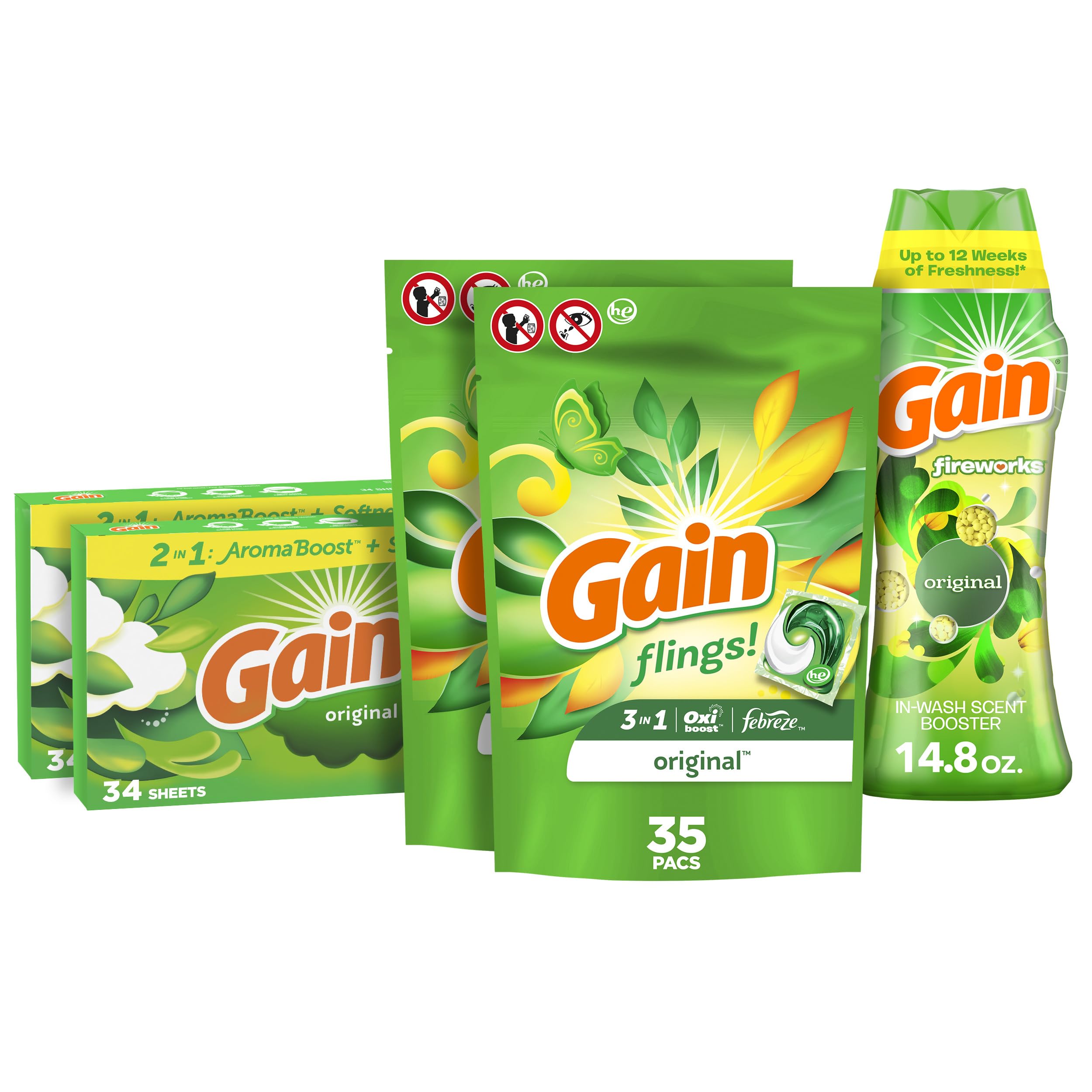 Gain Laundry Bundle: Gain Flings Laundry Detergent Pacs (2x35ct), Gain Dryer Sheets (2x34ct), Gain Fireworks Laundry Scent Booster Beads (14.8 oz)