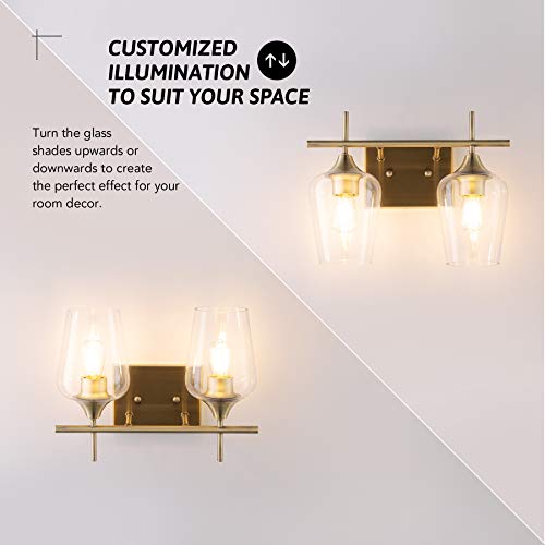 VONLUCE 2-Light Gold Vanity Light Fixtures Over Mirror, Wall Mount Modern Brass Bathroom Sconce with Clear Glass, Midcentury Gold Vanity Lighting for Bathroom, Makeup Dressing Table, Bedroom