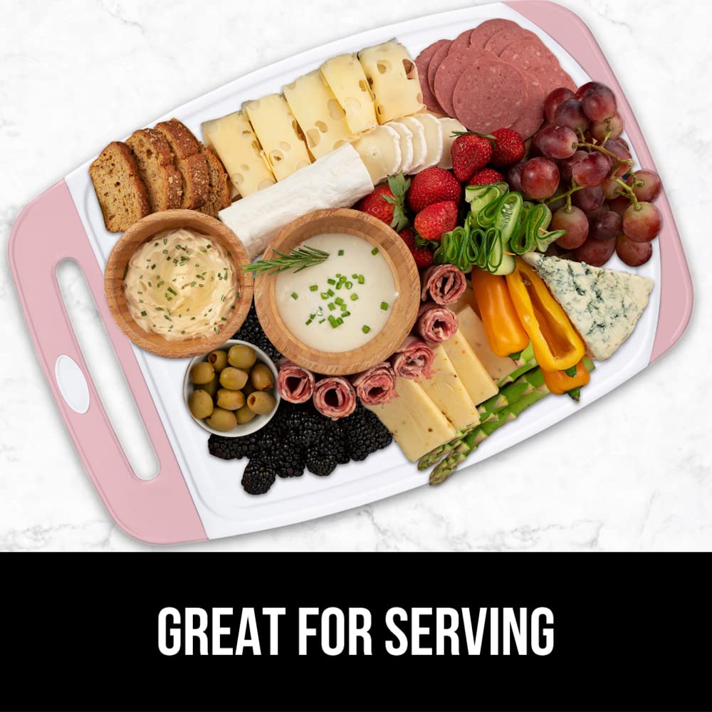 The Original GORILLA GRIP Oversized 100% BPA Free Reversible Durable Kitchen Cutting Board Set of 3, Juice Grooves, Dishwasher Safe, Easy Grip Handle Border, Food Chopping Boards, Cooking, White Pink