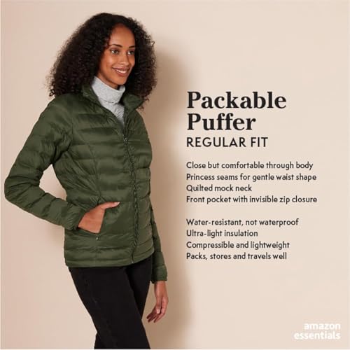Amazon Essentials Women's Lightweight Long-Sleeve Water-Resistant Packable Puffer Jacket (Available in Plus Size), Black, Medium