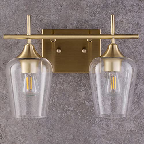 VONLUCE 2-Light Gold Vanity Light Fixtures Over Mirror, Wall Mount Modern Brass Bathroom Sconce with Clear Glass, Midcentury Gold Vanity Lighting for Bathroom, Makeup Dressing Table, Bedroom