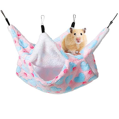 Small Pet Hammock, Double-Layer Small Animals Hammock Bed, Warm Fleece Cage Hanging Hammock, Pet Swinging Bed for Sugar Glider Chinchilla Parrot Guinea Pig Ferret Squirrel Hamster Rat (Pink)