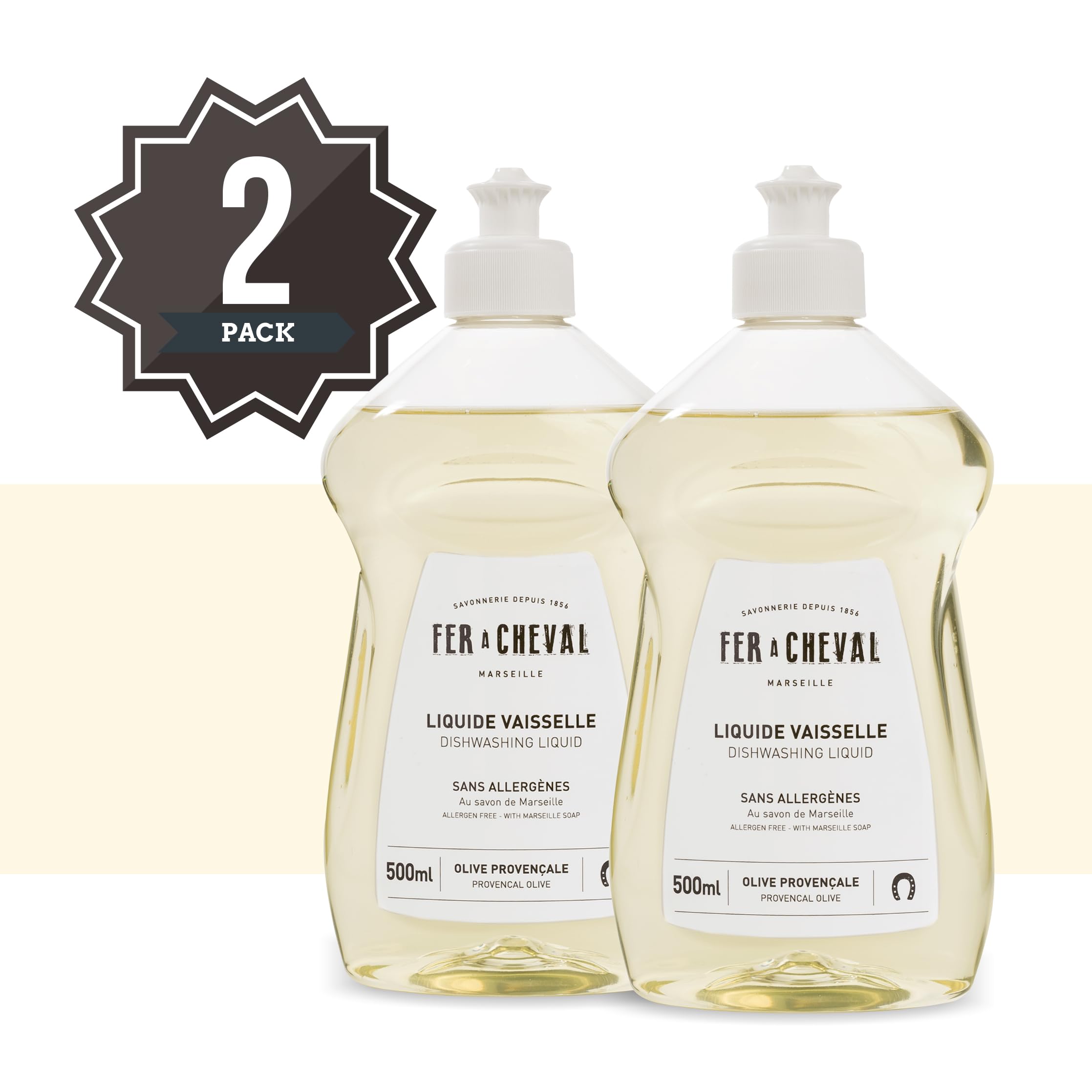 Fer à Cheval Dishwashing Liquid, Bottle Dish Soap Liquid, Provencal Olive Savon De Marseille Dish Detergent Liquid, Olive Oil Based from France - 2 Pack, 500ml/16.9 fl oz