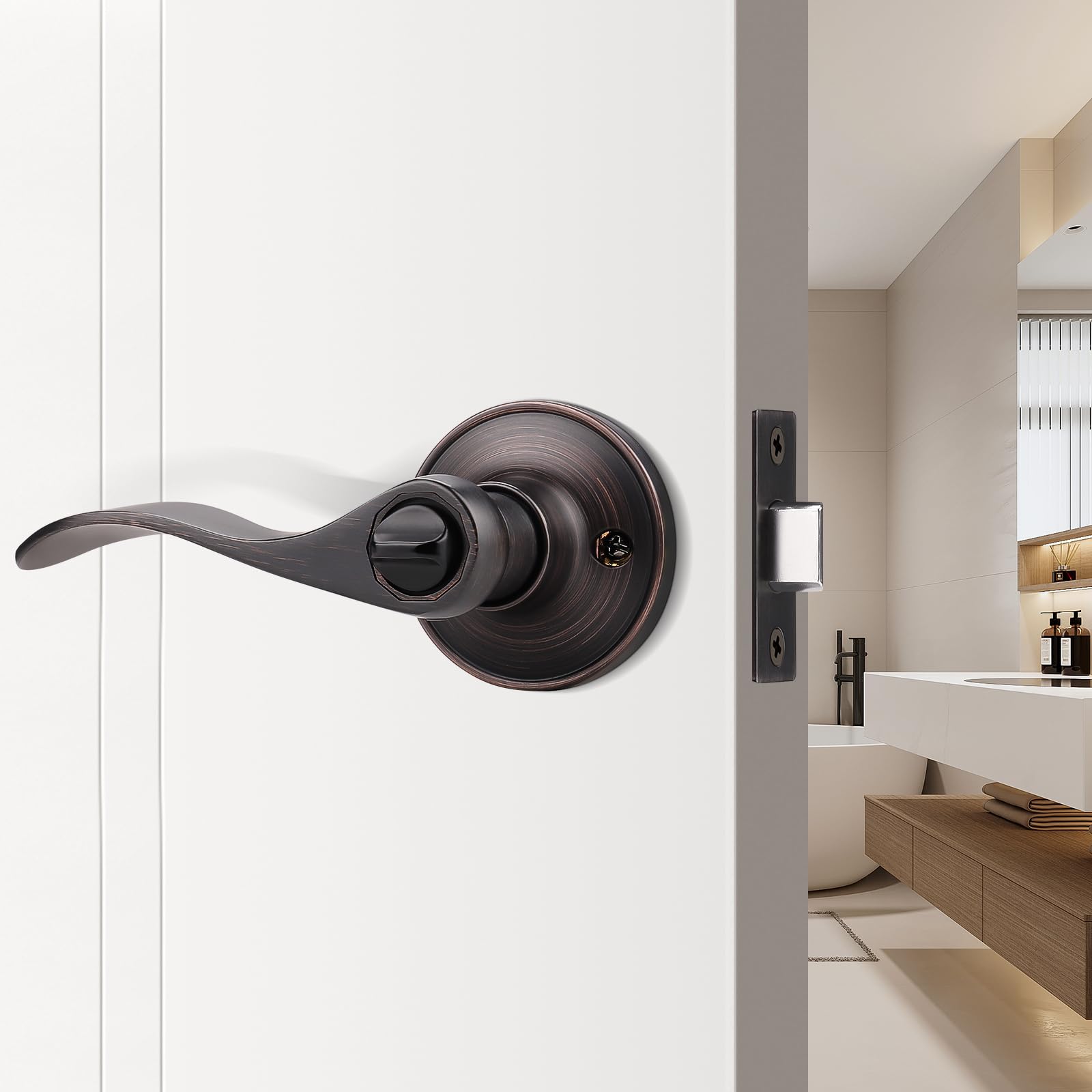 Probrico (5 Pack Privacy Door Lever[Thumb Turn Lock on The Inside],Locking Door Handle Set for Bedroom & Bathroom Doors,Keyless Oil Rubbed Bronze Wave Door Lock, Reversible Right & Left Side Handed